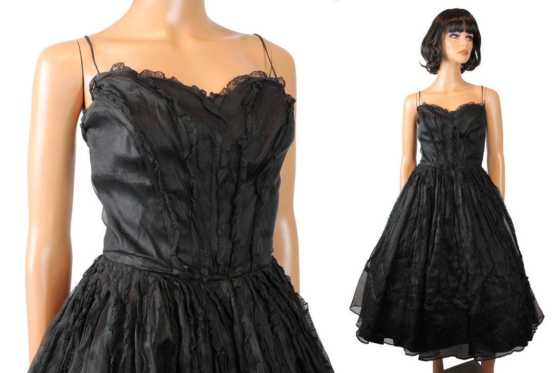 50s Prom Dress XS Vintage Black Sleeveless Organdy Chiffon Lace ...