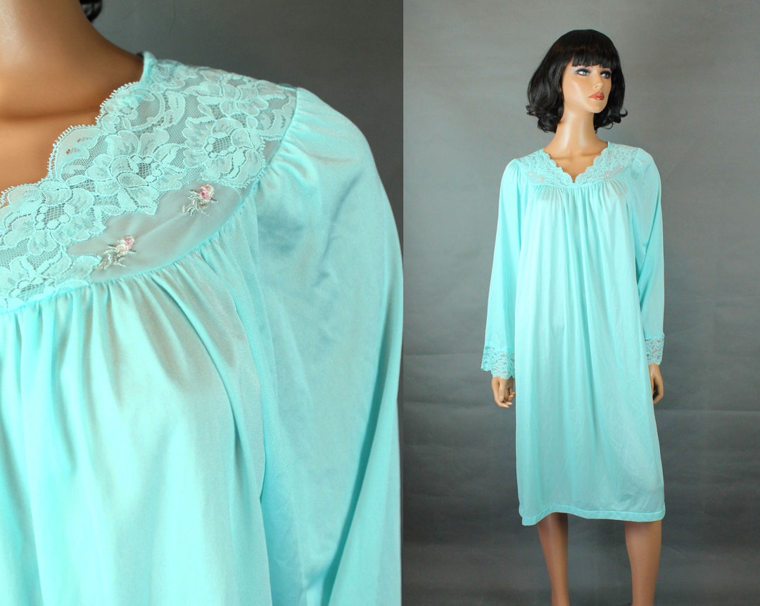 Shadowline Nightgown Sz M L Vintage NOS Aqua Blue Fuzzy Inside Long ...