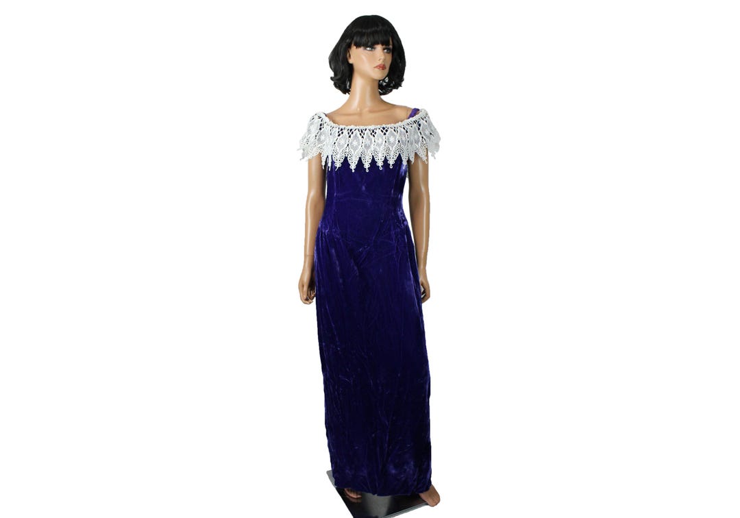 80s Prom Dress Sz M Vintage Indigo Purple Crushed Velvet White Lace ...