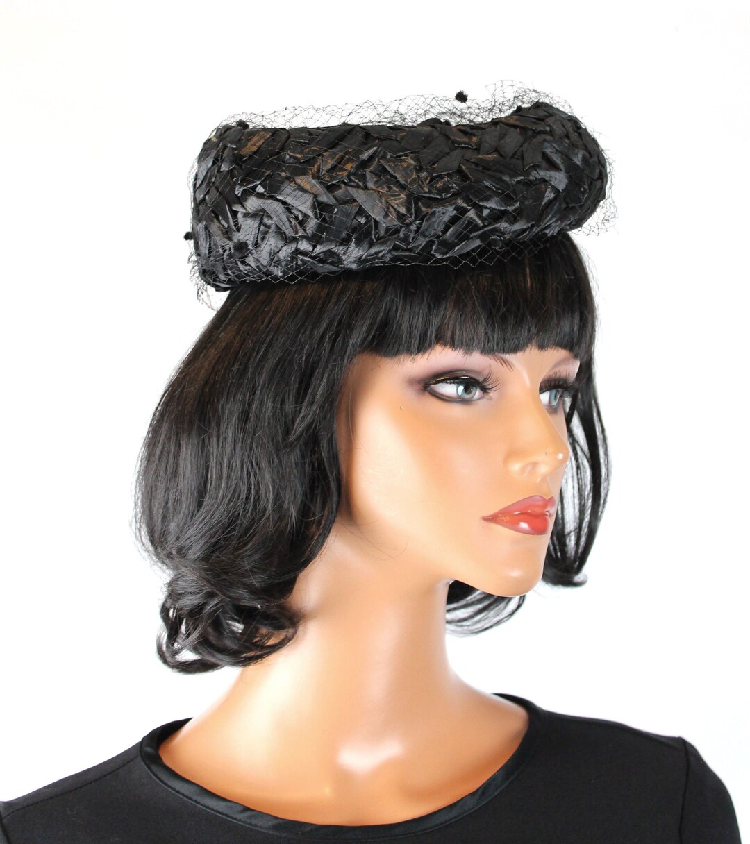 60s Pillbox Hat Vintage Black Shiny Raffia Straw Tulle Netting Satin ...