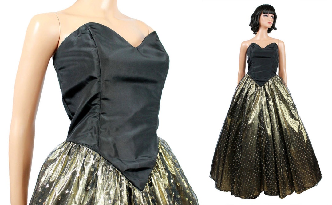 80s Prom Dress XS Vintage Long Black Gold Polka Dot Tulle Strapless ...