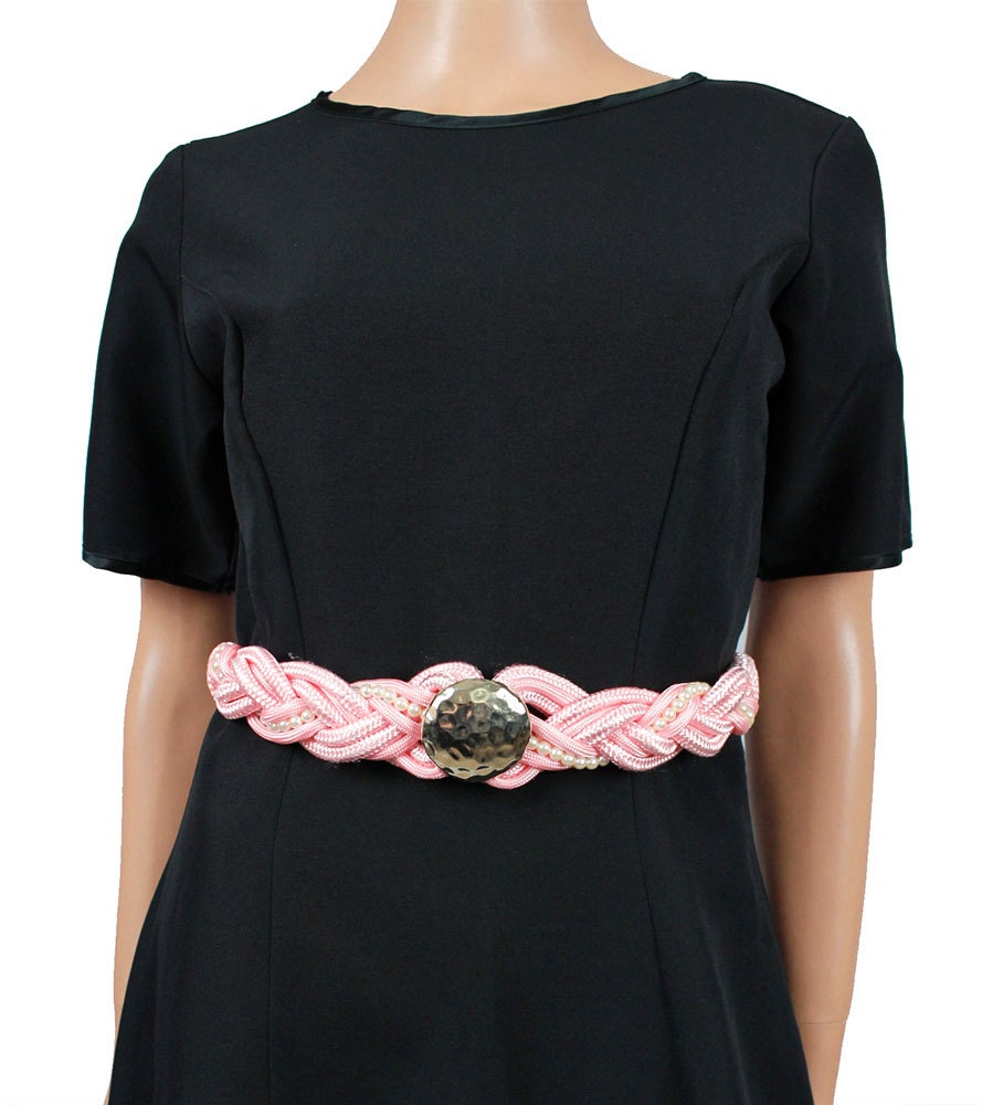 Bubblegum Pink Rope Belt 29-37" Vintage White Pearls Gold Metal Braided ...