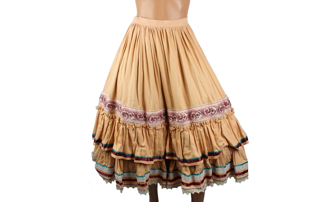 Prairie Girl Skirt XS Vintage Long Peach Striped Flared Ruffled Tiered ...