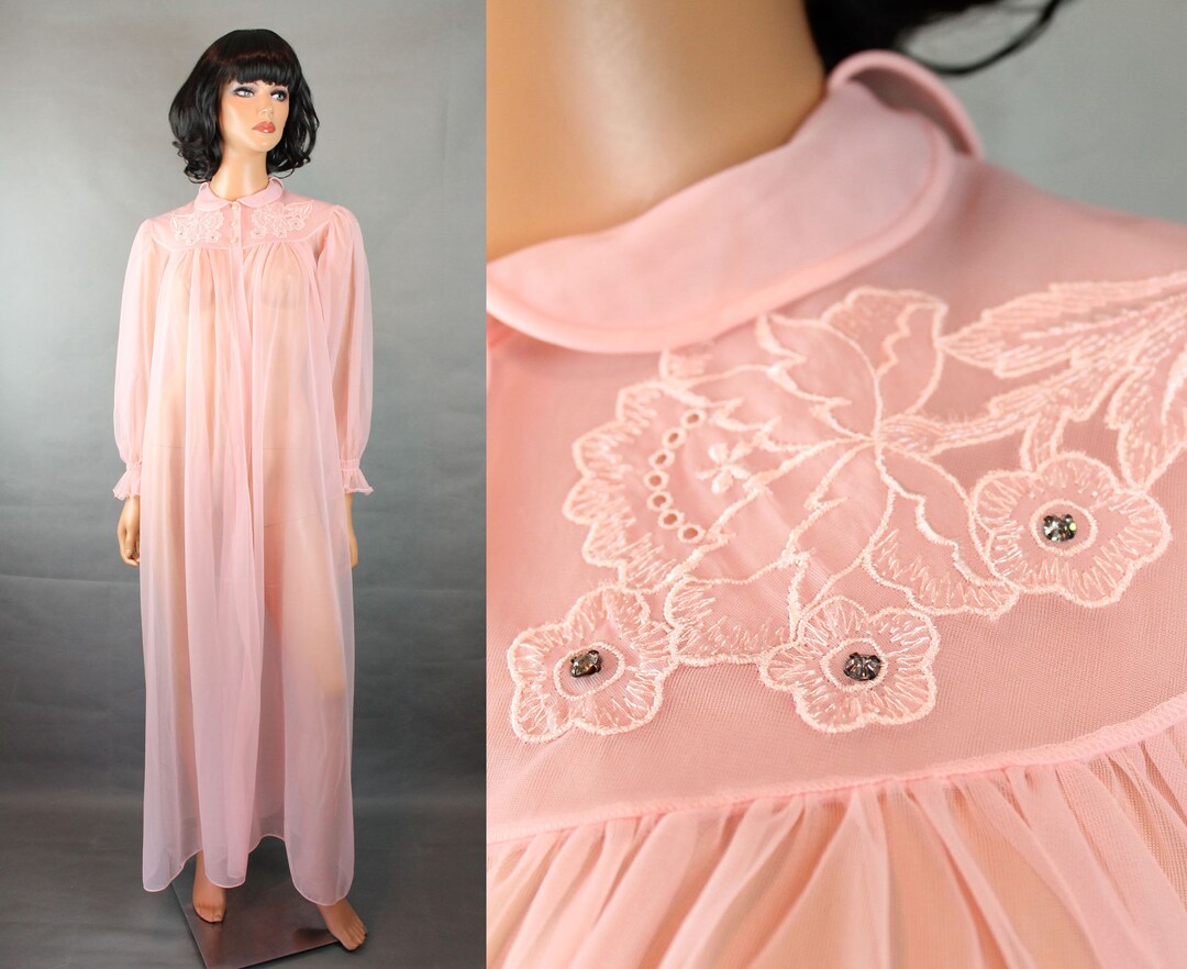 Vintage Peignoir Sz 34 M 50s Long Pink Sheer Chiffon Embroidered ...
