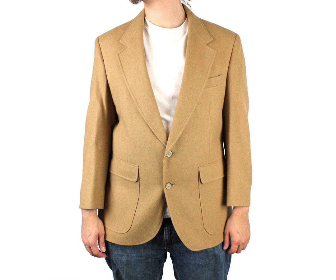 100% Wool Blazer 40S Vintage 80s Tan Light Brown Sports Coat Professor ...
