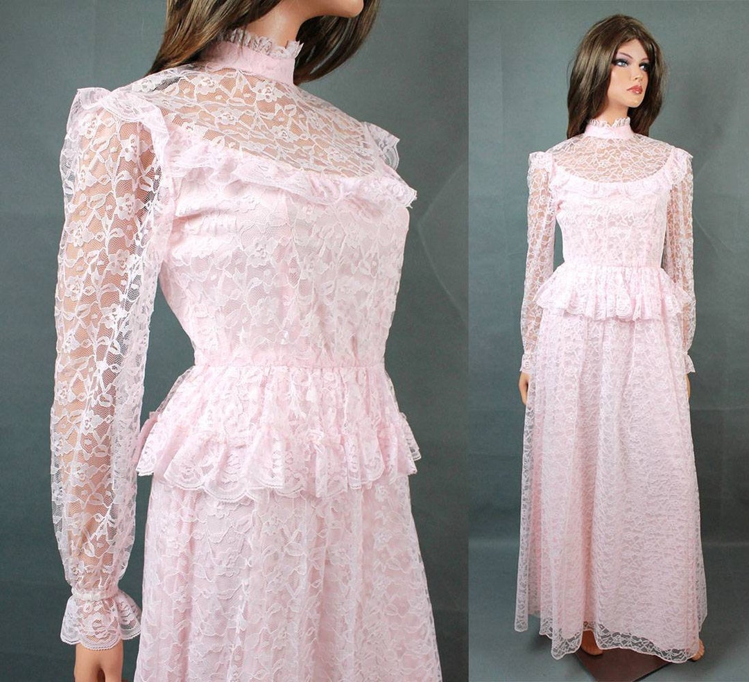 70s Prom Dress XS Vintage Long Sleeve Pink Lace Bridesmaid Formal Gown ...