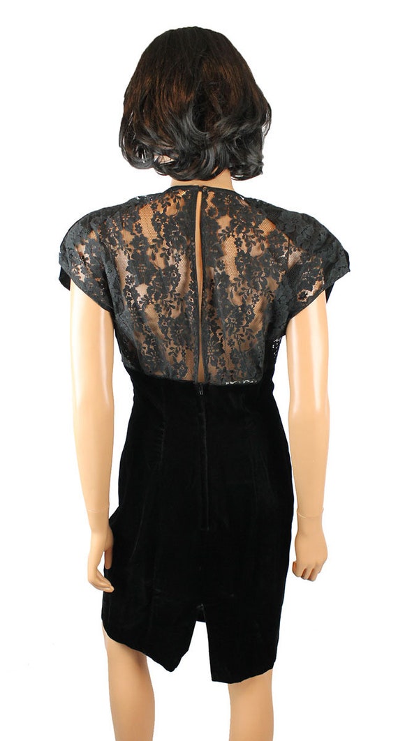 80s Prom Dress S 7 Black Velvet Sheer Lace Back Beade… - Gem
