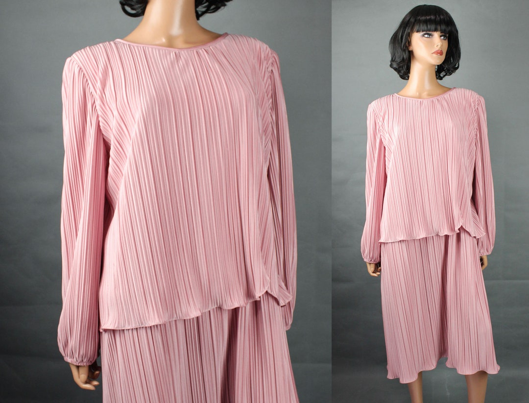 80s Formal Gown Sz 18 XL 2X Vintage Pink Pleated Long Sleeve Cocktail ...