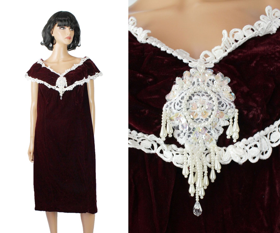 80s Prom Dress 16W XL Vintage Dark Red Crushed Velvet White Lace Wiggle ...