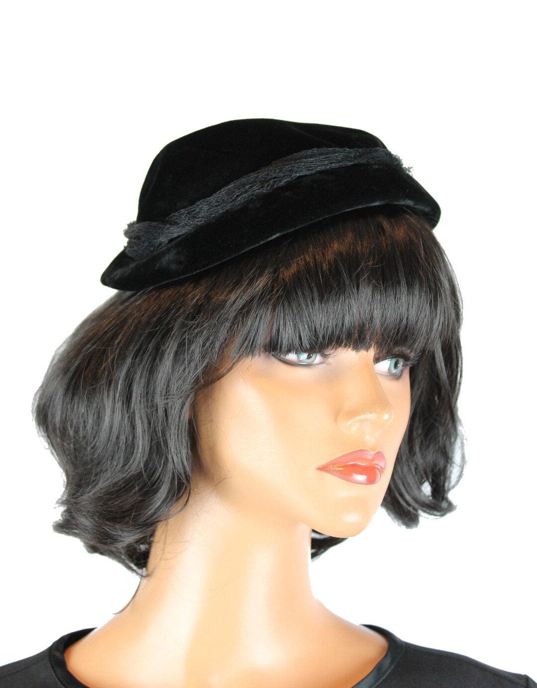 Vintage Pillbox Hat 50s Black Velvet Round Fascinator Cap Tulle Netting ...