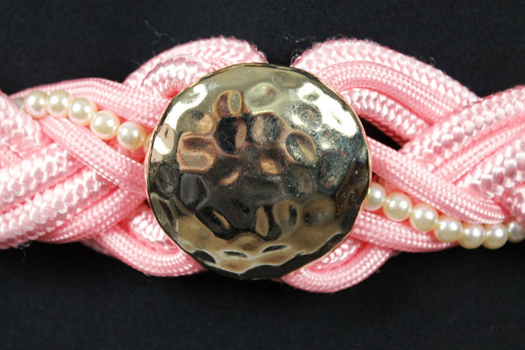 Bubblegum Pink Rope Belt 29-37" Vintage White Pearls Gold Metal Braided ...