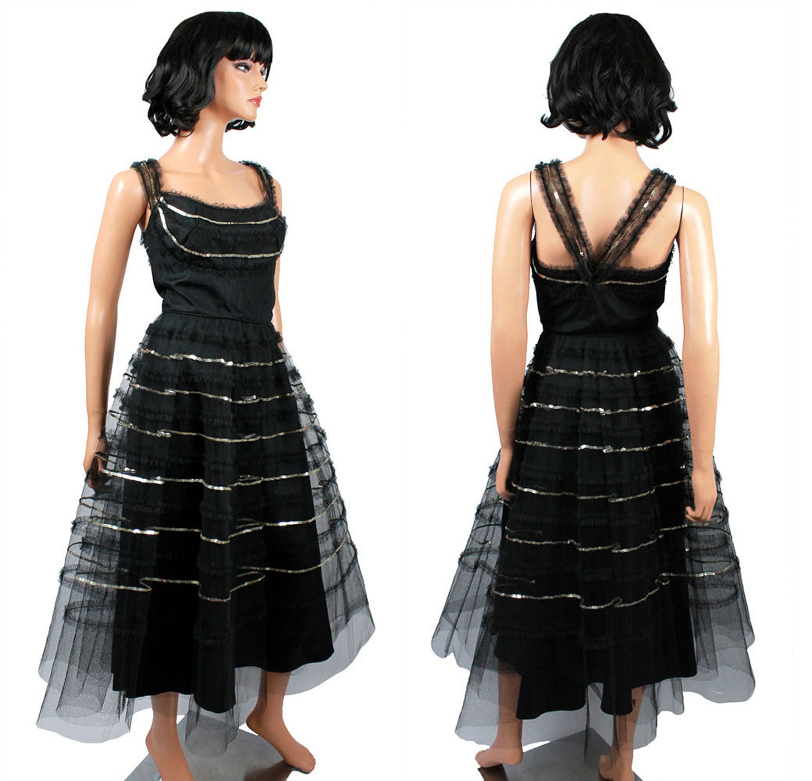 50s Prom Dress XS Vintage Sleeveless Black Tulle Silver Sequins Shelf ...
