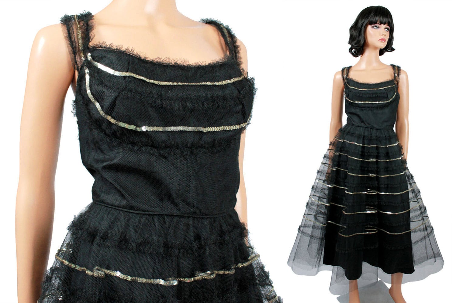 50s Prom Dress XS Vintage Sleeveless Black Tulle Silver Sequins Shelf ...