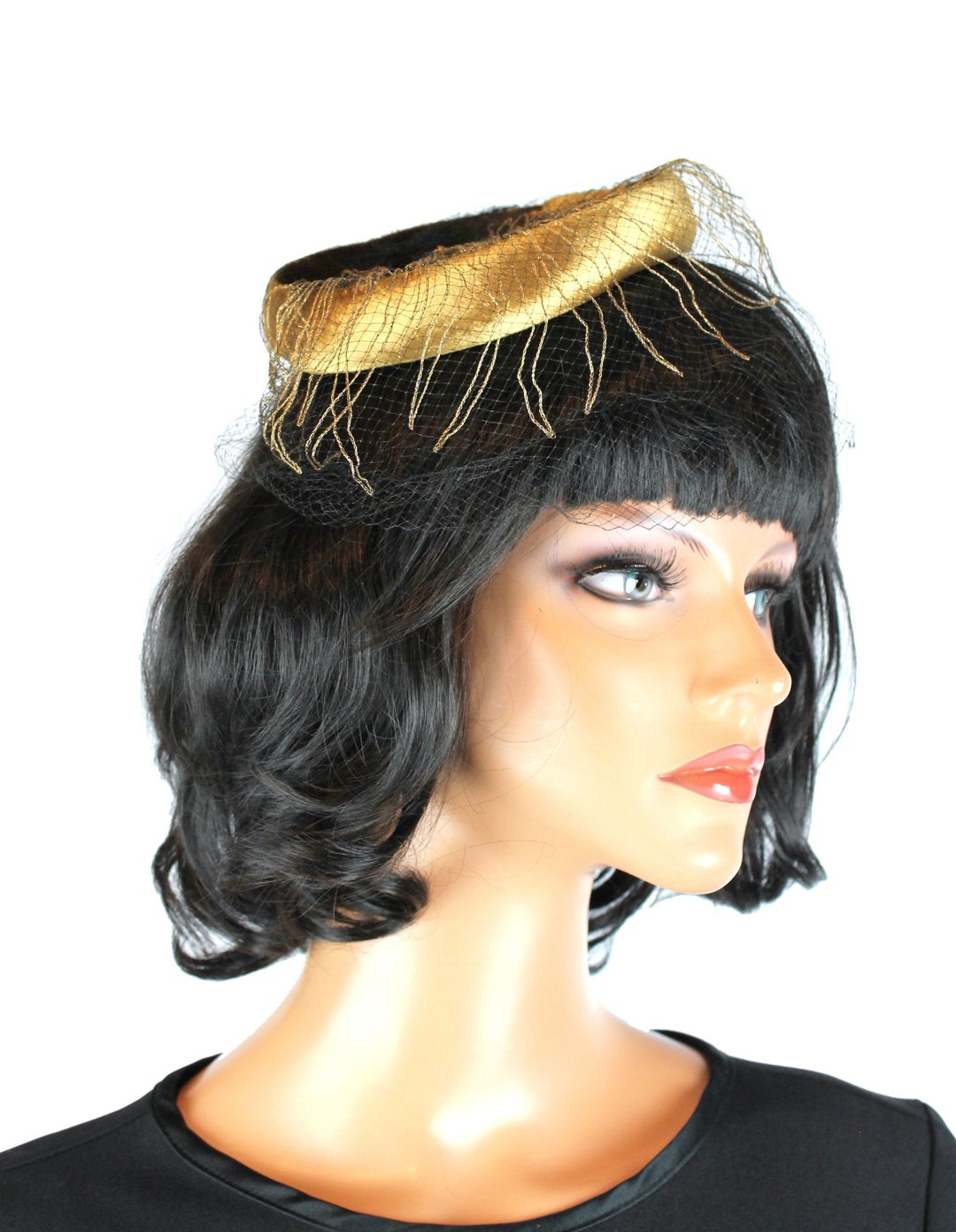 Vintage Pillbox Hat 50s Gold Shiny Fur Felt Cap Fascinator Black ...