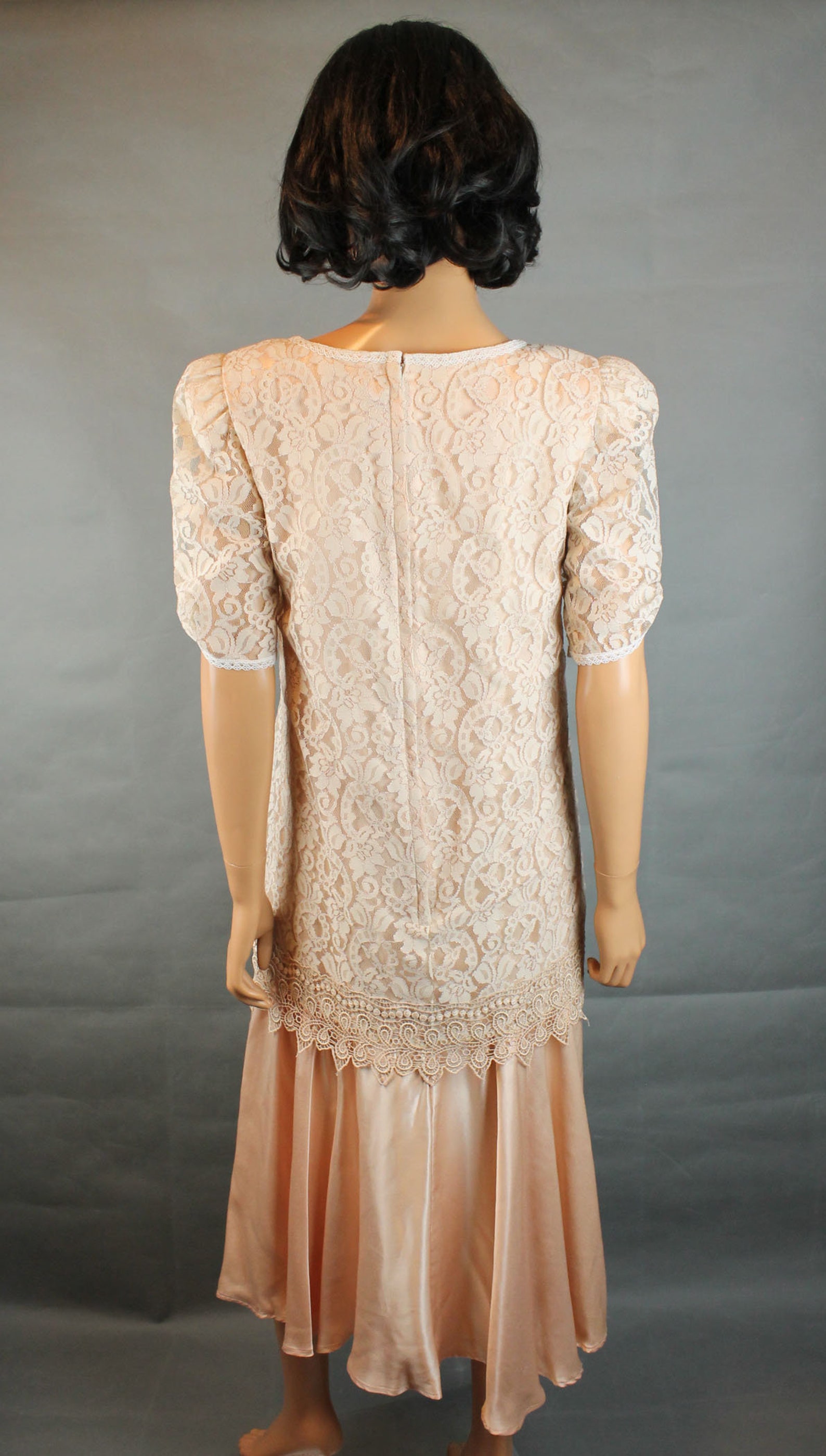 80s Prom Gown Sz S M Vintage Peach Satin Beige Floral Lace Flapper ...
