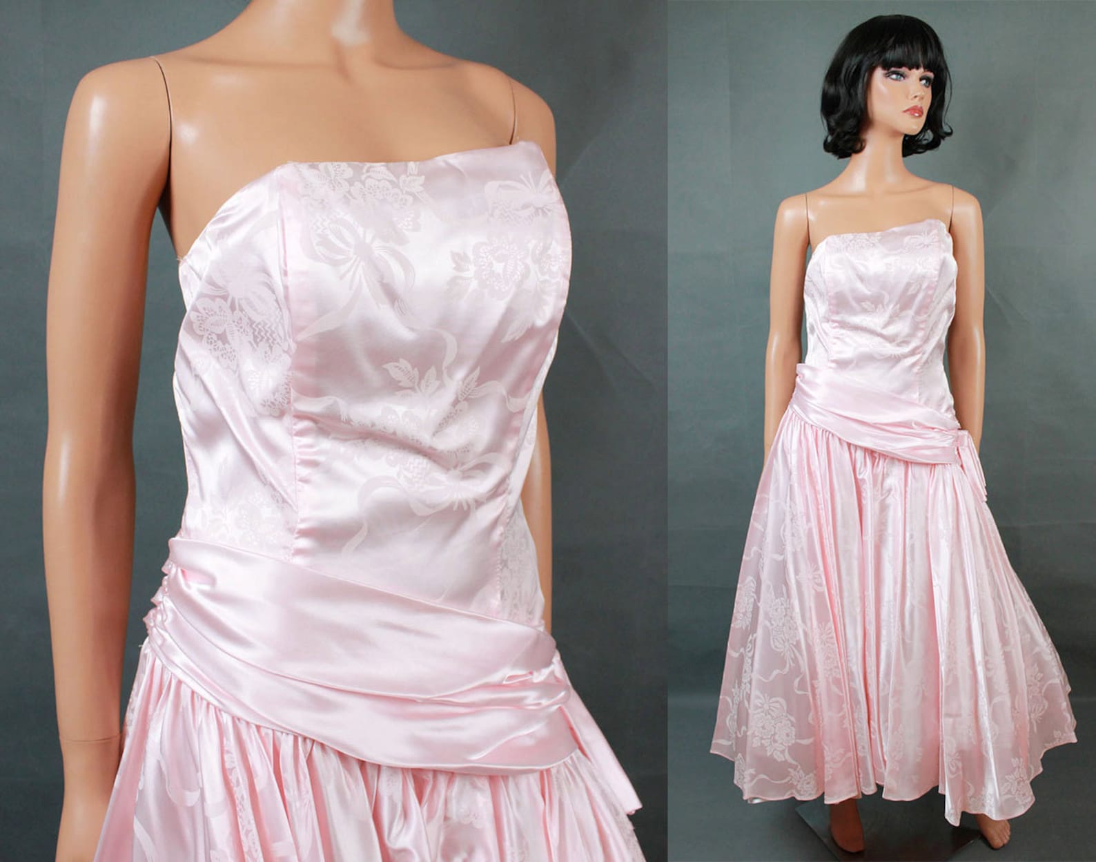 80s Prom Dress Sz S Vintage Strapless Pink Floral Satin Long - Etsy