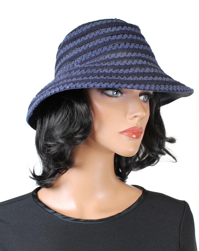 40s Cloche Hat 7 1 8 M Vintage Dark Navy Blue Straw Raffia Etsy