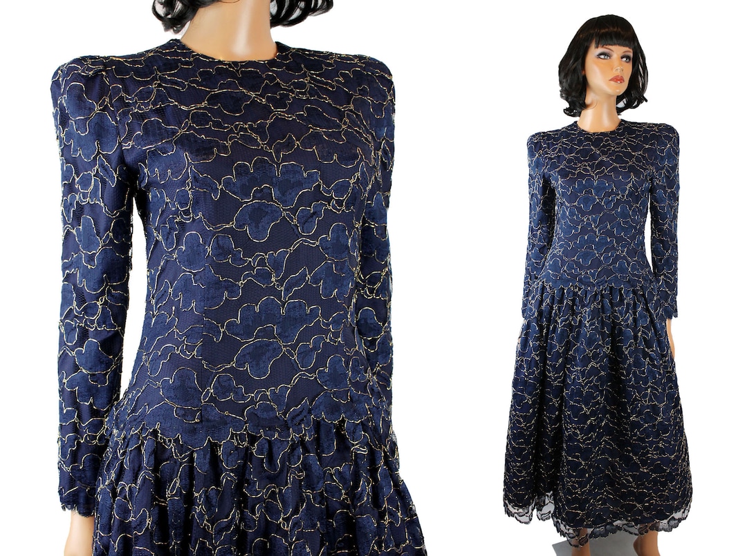 80s Prom Dress Sz S Vintage Talbots Dark Blue Gold Lace Cocktail Evening Gown - Etsy