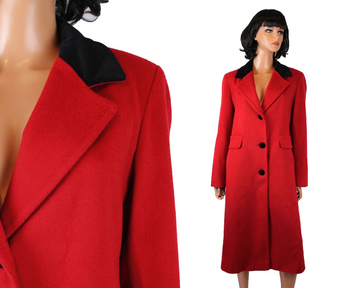 Red Wool Coat M Vintage Long Mario De Pinto Black Velvet Trim Winter ...