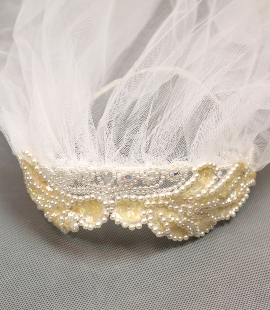 Vintage 2 Tier Veil Pearl Rhinestone Beaded Circlet Waist Length Tulle ...