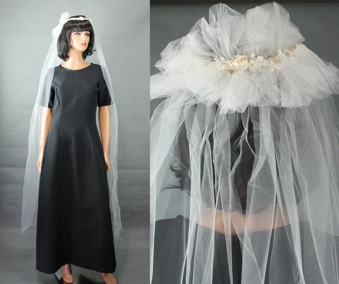 Vintage Floor Length Veil 80s Ivory White Satin Bridal Circlet Floral ...