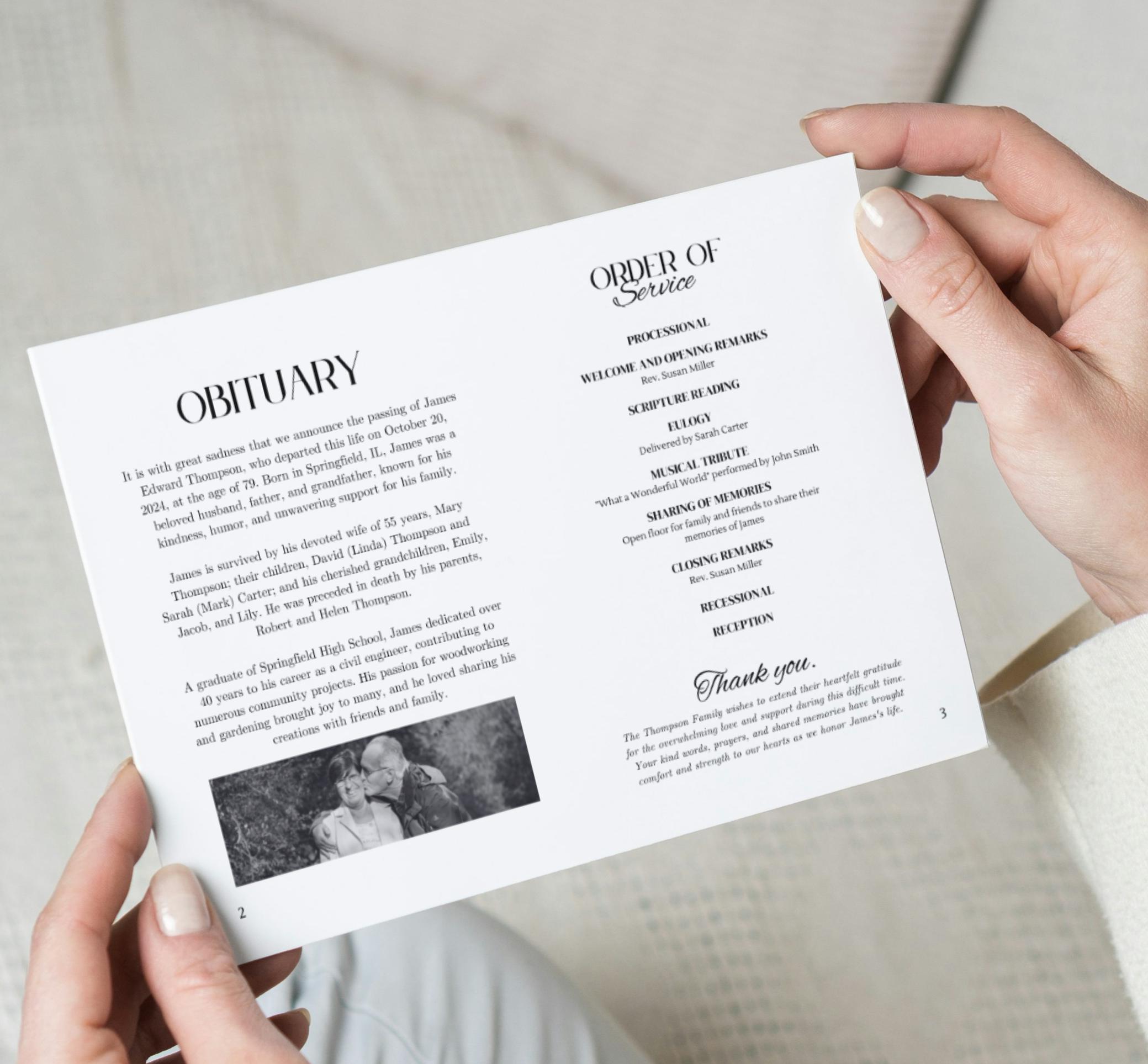 Minimalist Funeral Obituary Program Editable Template | Editable ...