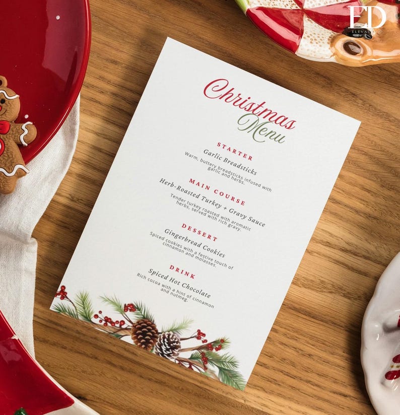 Editable Christmas Menu Template, Holiday Dinner Menu, Printable ...