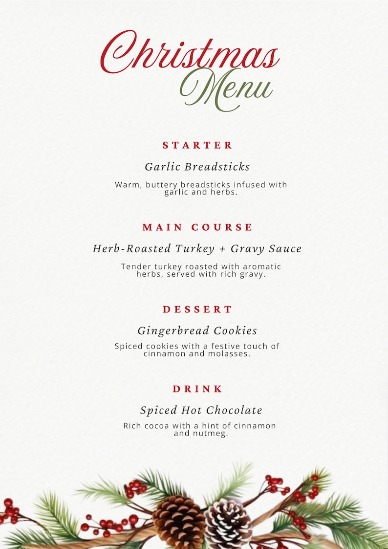 Editable Christmas Menu Template, Holiday Dinner Menu, Printable ...