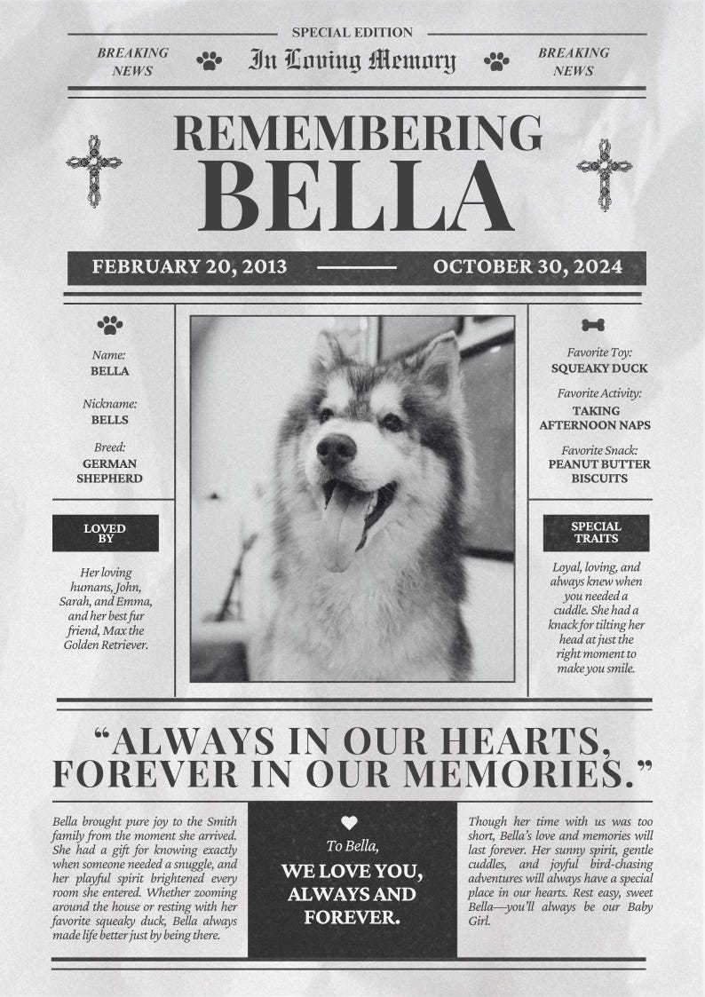 Editable Pet Memorial Newspaper Poster | Printable Tribute Dogs & Cats ...