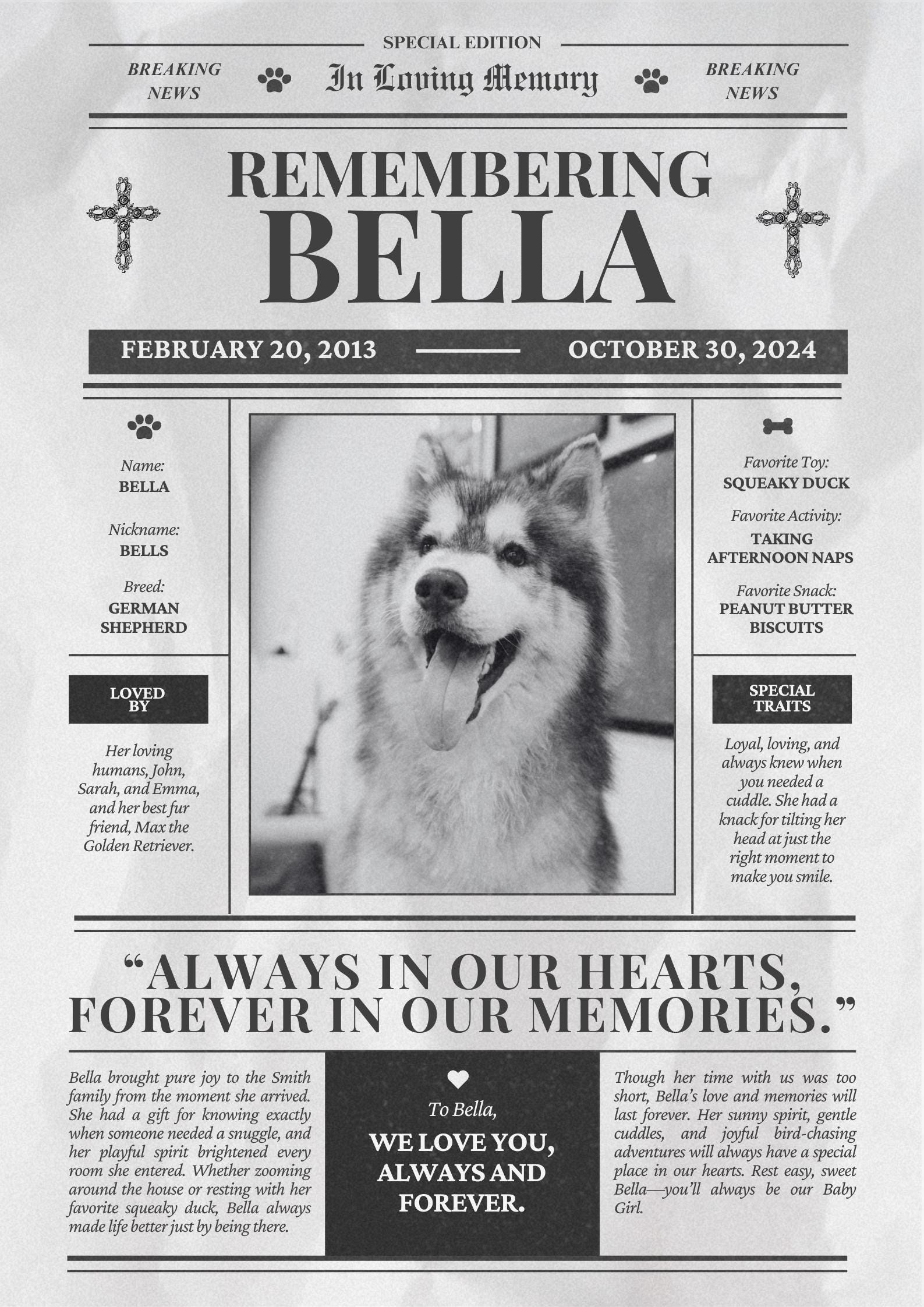 Editable Pet Memorial Newspaper Poster | Printable Tribute Dogs & Cats ...
