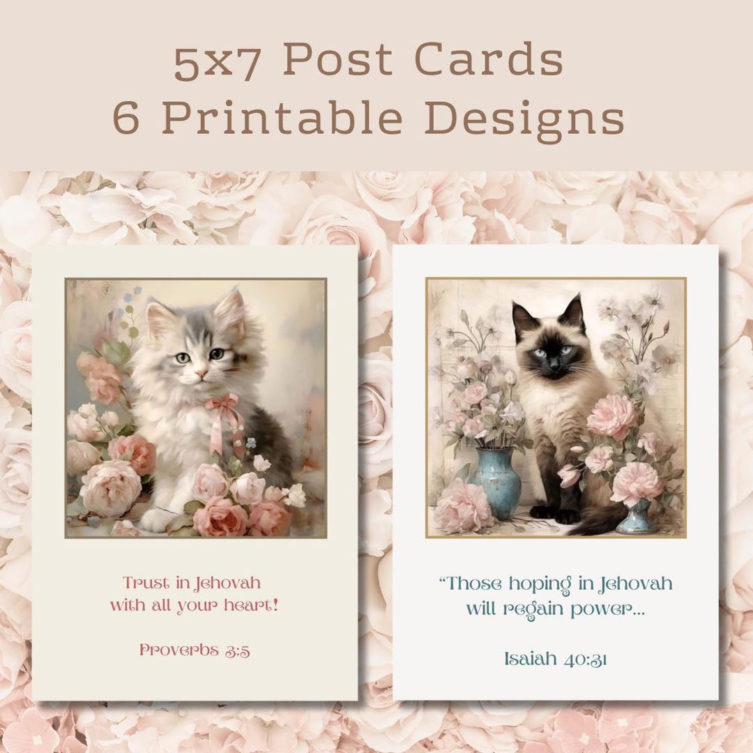 JW Printable Scripture Postcards, Set of 6 Cat Themed Encouragement ...