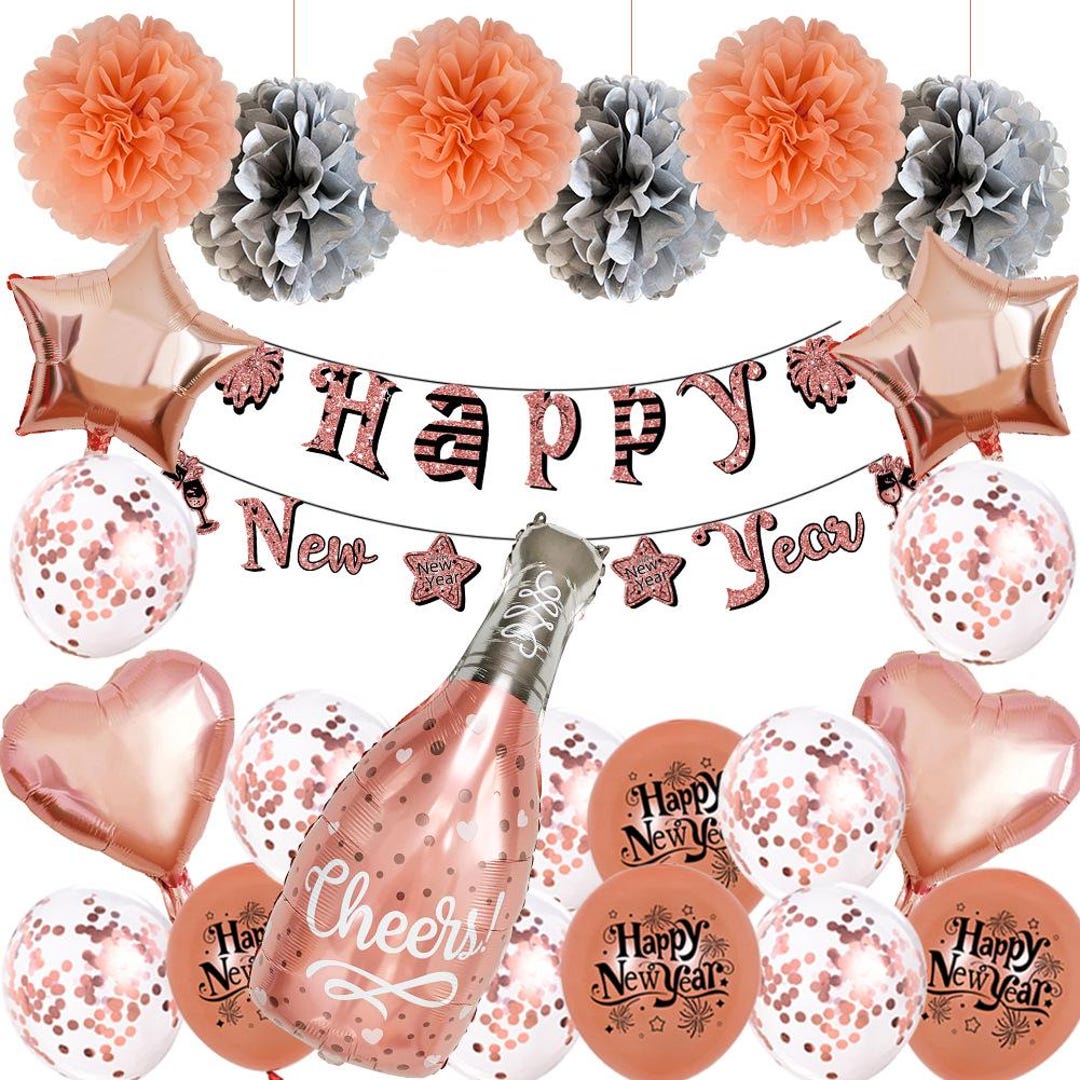 New Year Party Balloon Banner Set, Rose Gold Decorations, Happy New ...
