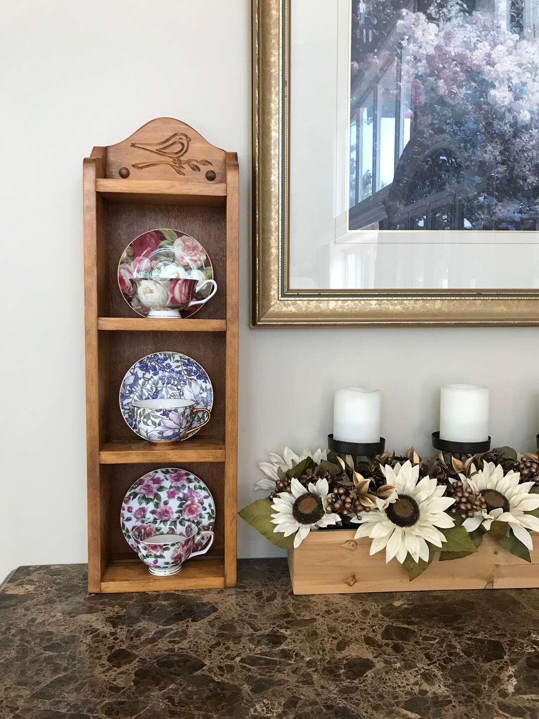 Teacup Shelf, Three Cups With Saucer Grooves, Small Shelf, Tiny Home ...
