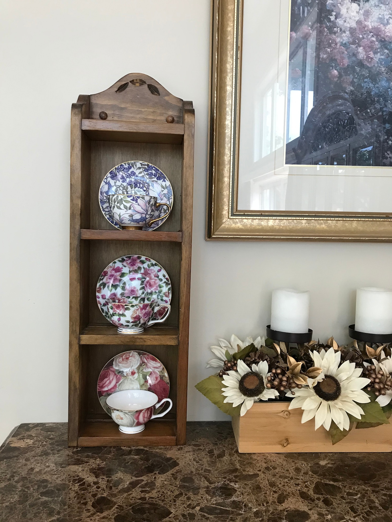 Teacup Shelf, Wooden Shelf, Three Cups, With Saucer Grooves, Small ...
