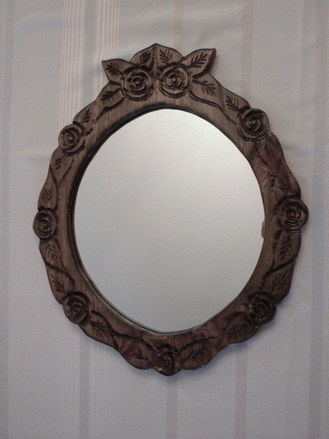 Small Round Mirror, Carved With Roses, Home Decor, Wood Frame, Wooden ...
