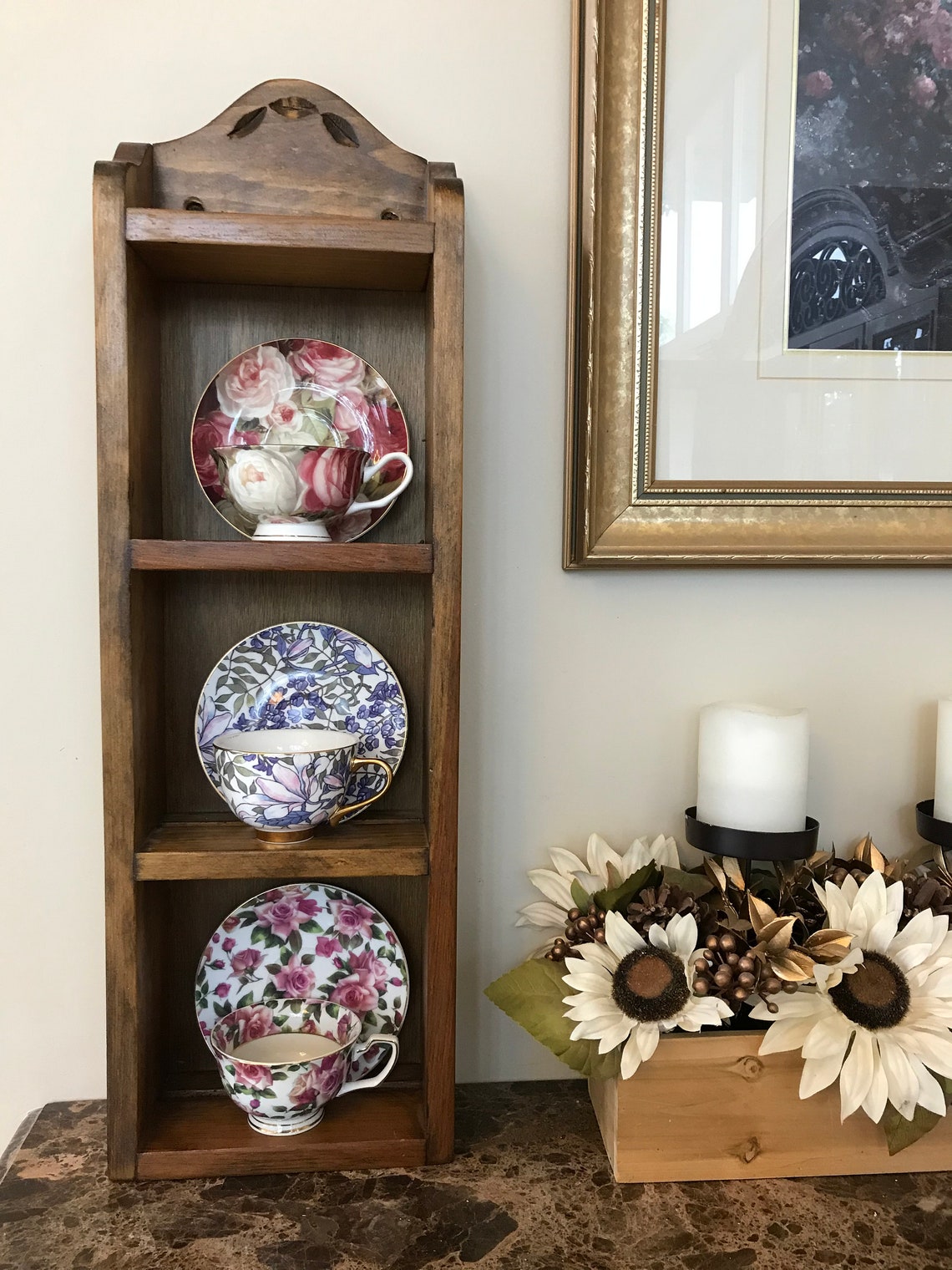 Teacup Shelf, Wooden Shelf, Three Cups, With Saucer Grooves, Small ...