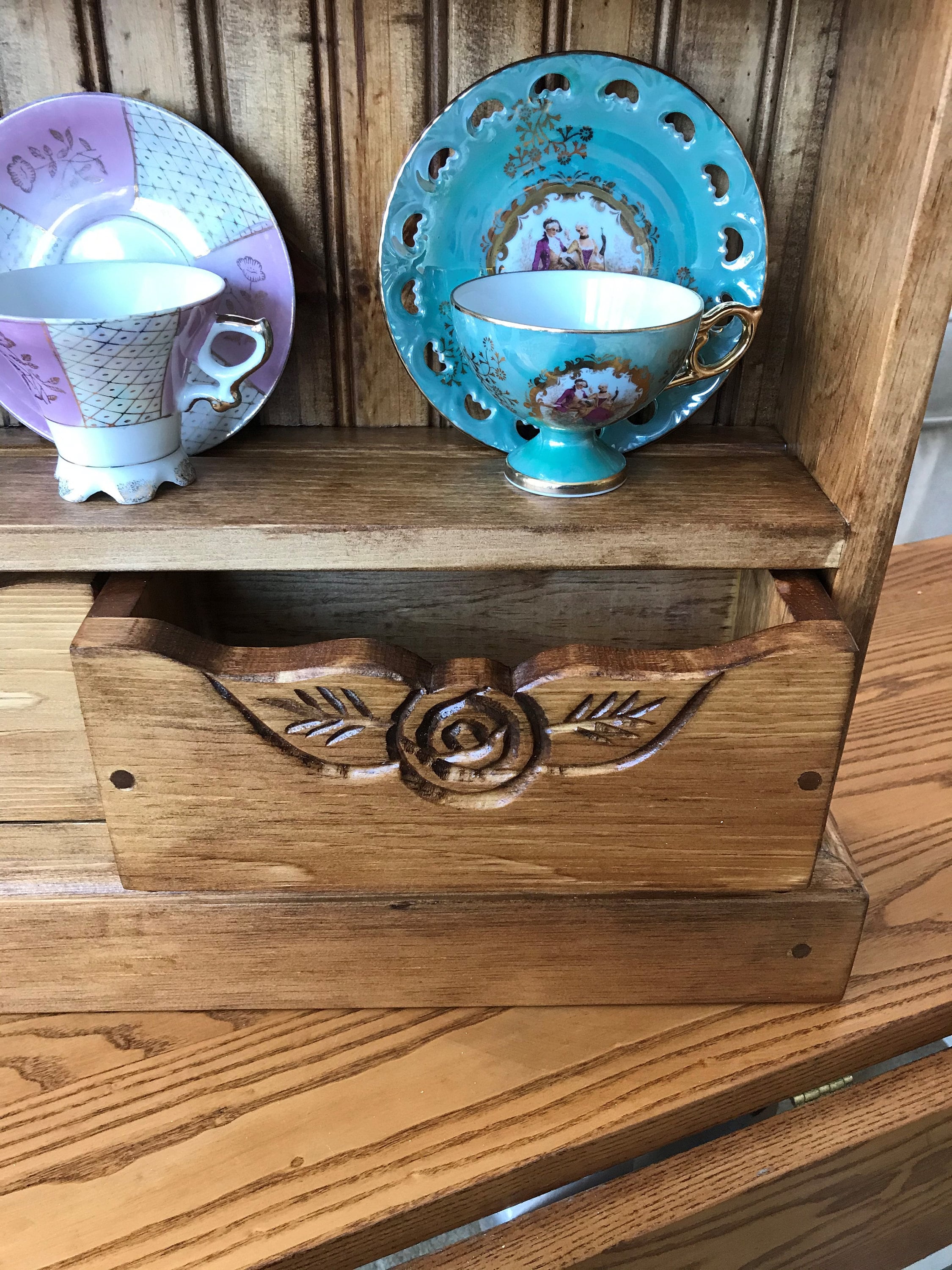 Tea cup collectors shelf, teacup display with drawers. 12 cup teacup ...