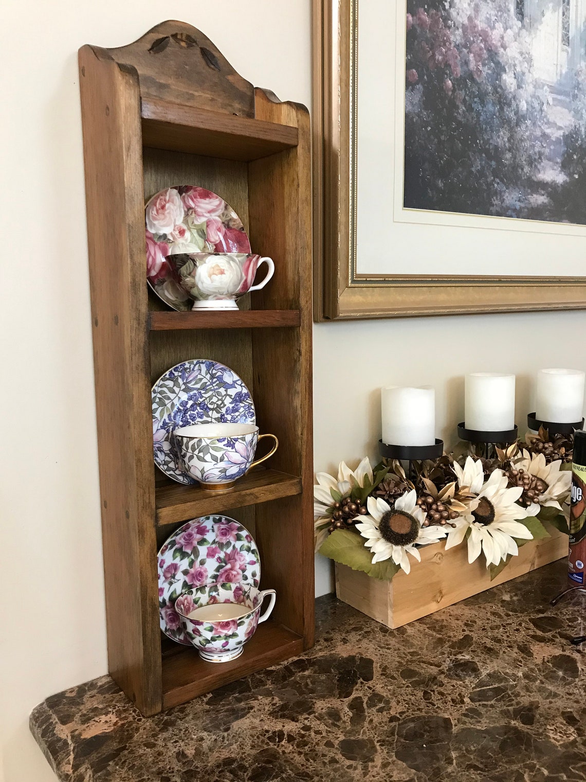 Teacup Shelf, Wooden Shelf, Three Cups, With Saucer Grooves, Small ...