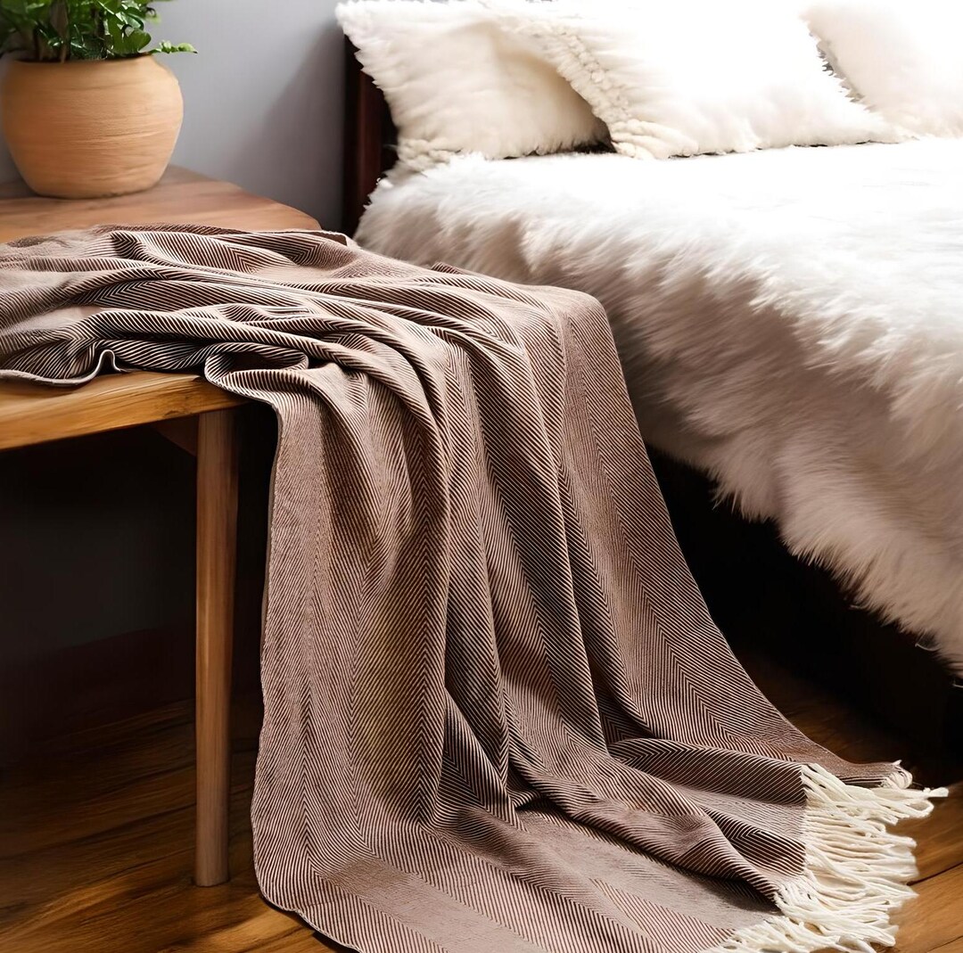 Woven Tweed Herringbone Wool Blend Throw With Fringe - Etsy