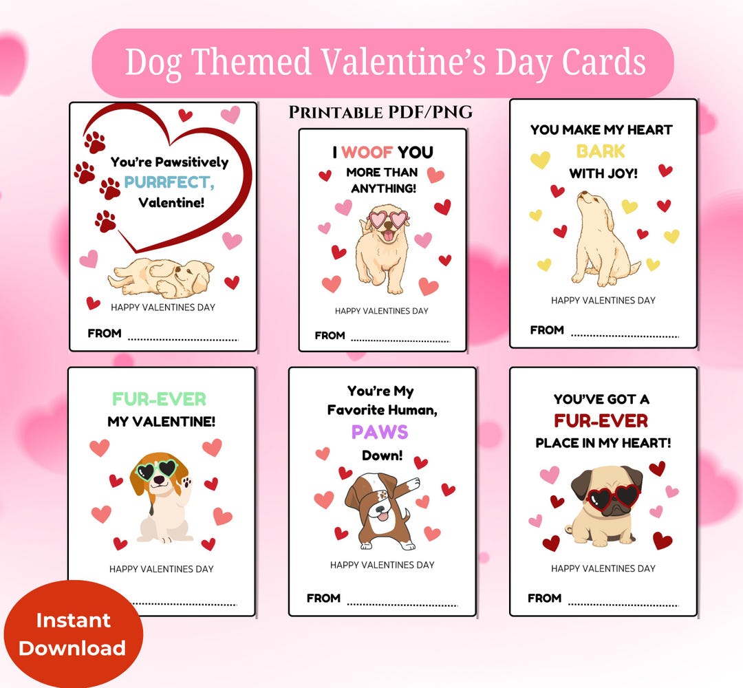 Printable Dog Valentine's Day Cards,kids School Classroom Exchange ...