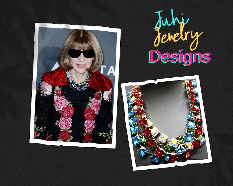 Anna Wintour Necklace Ruby Red Aqua Blue Olive Green AB Aurora Borealis ...