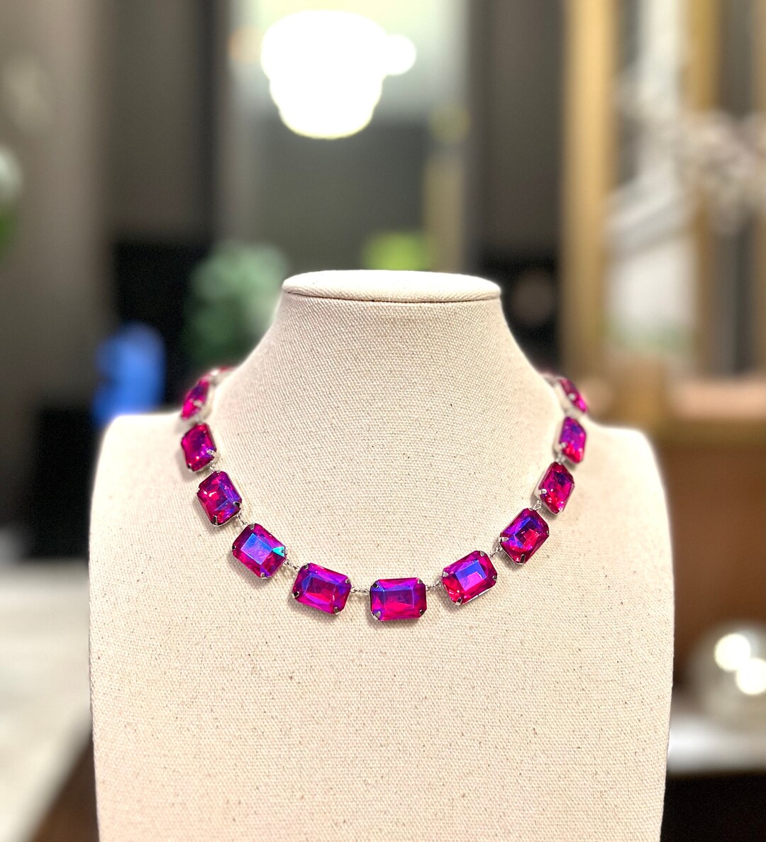 Hot Pink Necklace Anna Wintour Fuchsia Magenta Octagon Georgian Collet ...