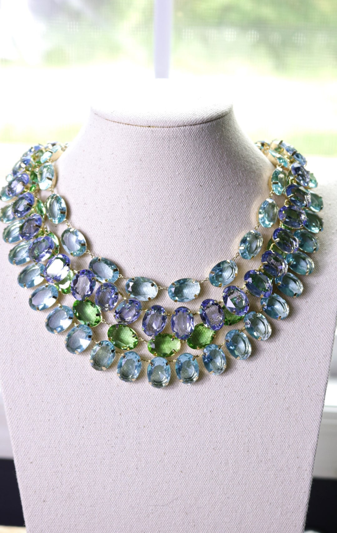 Aqua Blue Anna Wintour Necklace Light Sapphire Blue Peridot Green Oval ...