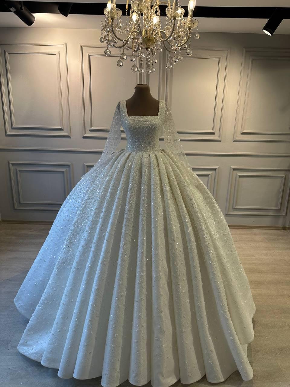 Pre-order Custom Bridal Luxury Long Sleeve Wedding Dress – Square Neck Sparkly Ball Gown ...