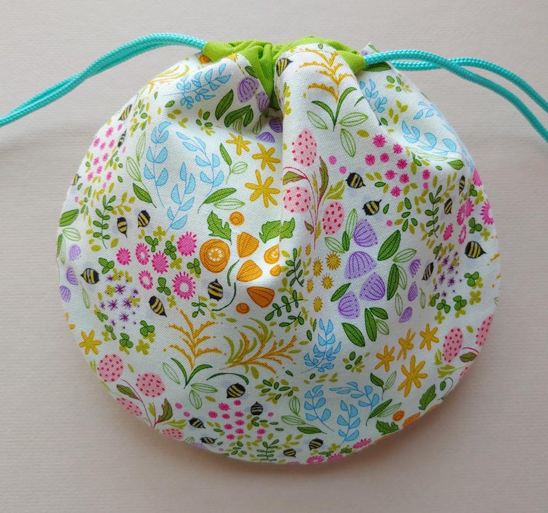 Small Round Fabric Drawstring Bag 6.5"x6.5" Reusable Pouch Whimsical ...