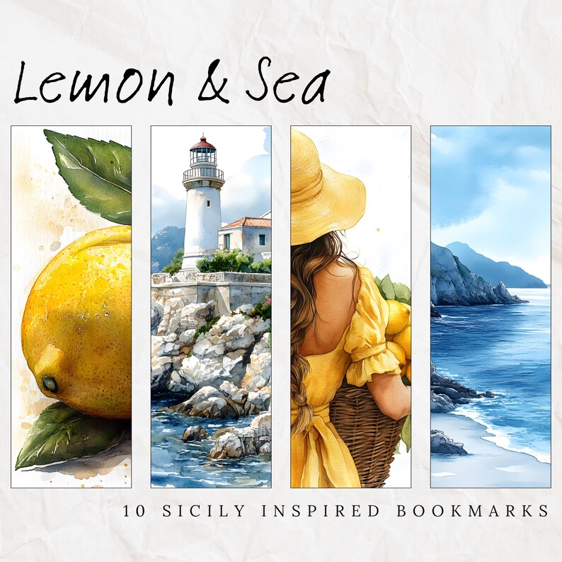 Lemon and Sea Bookmark Printable Bundle, Watercolor Sicily PNG Set for ...