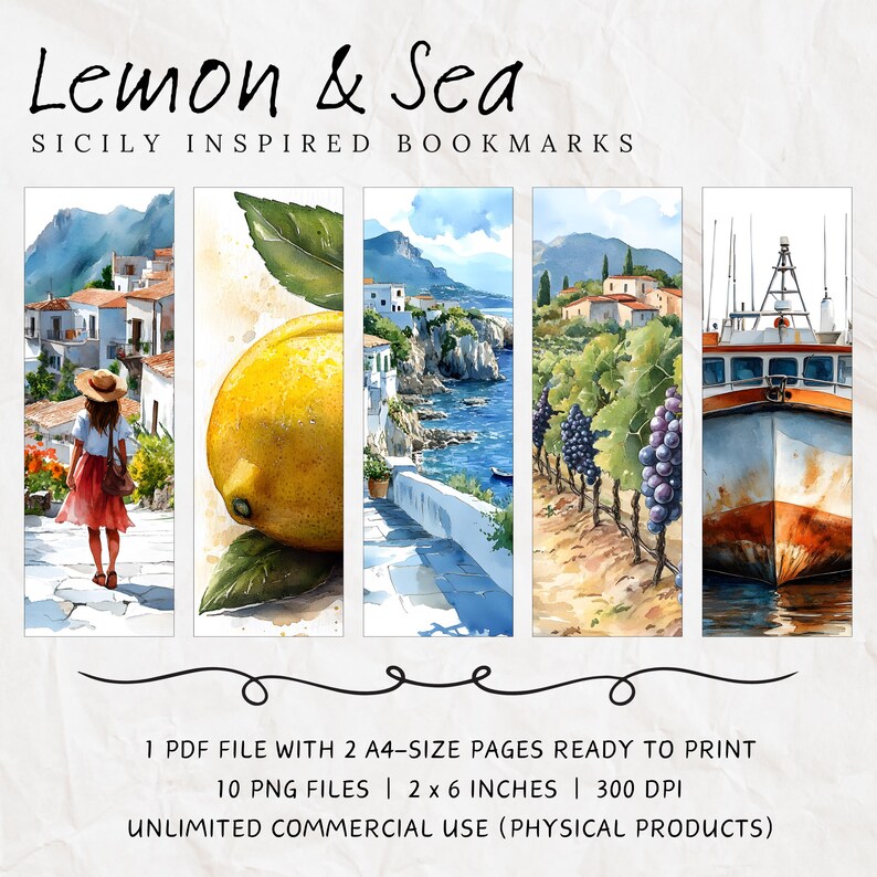 Lemon and Sea Bookmark Printable Bundle, Watercolor Sicily PNG Set for ...