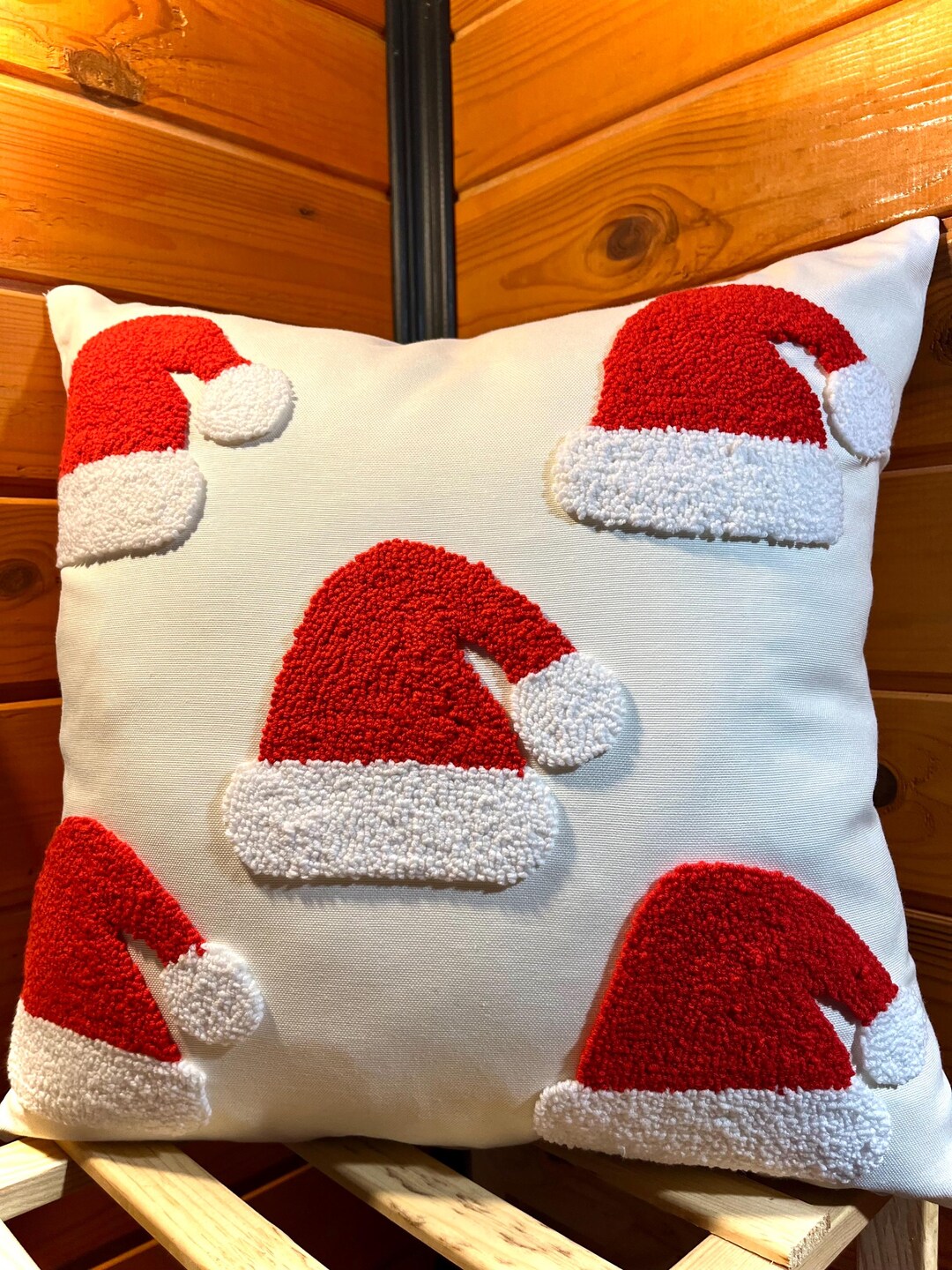 Christmas Santa Hat Punch Embroidered Pillow Cover Festive Red & White ...