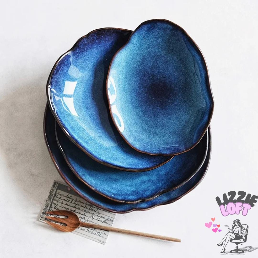 Unique Dinner Set Organic Shaped Handmade Ceramics Blue Glaze Fine ...