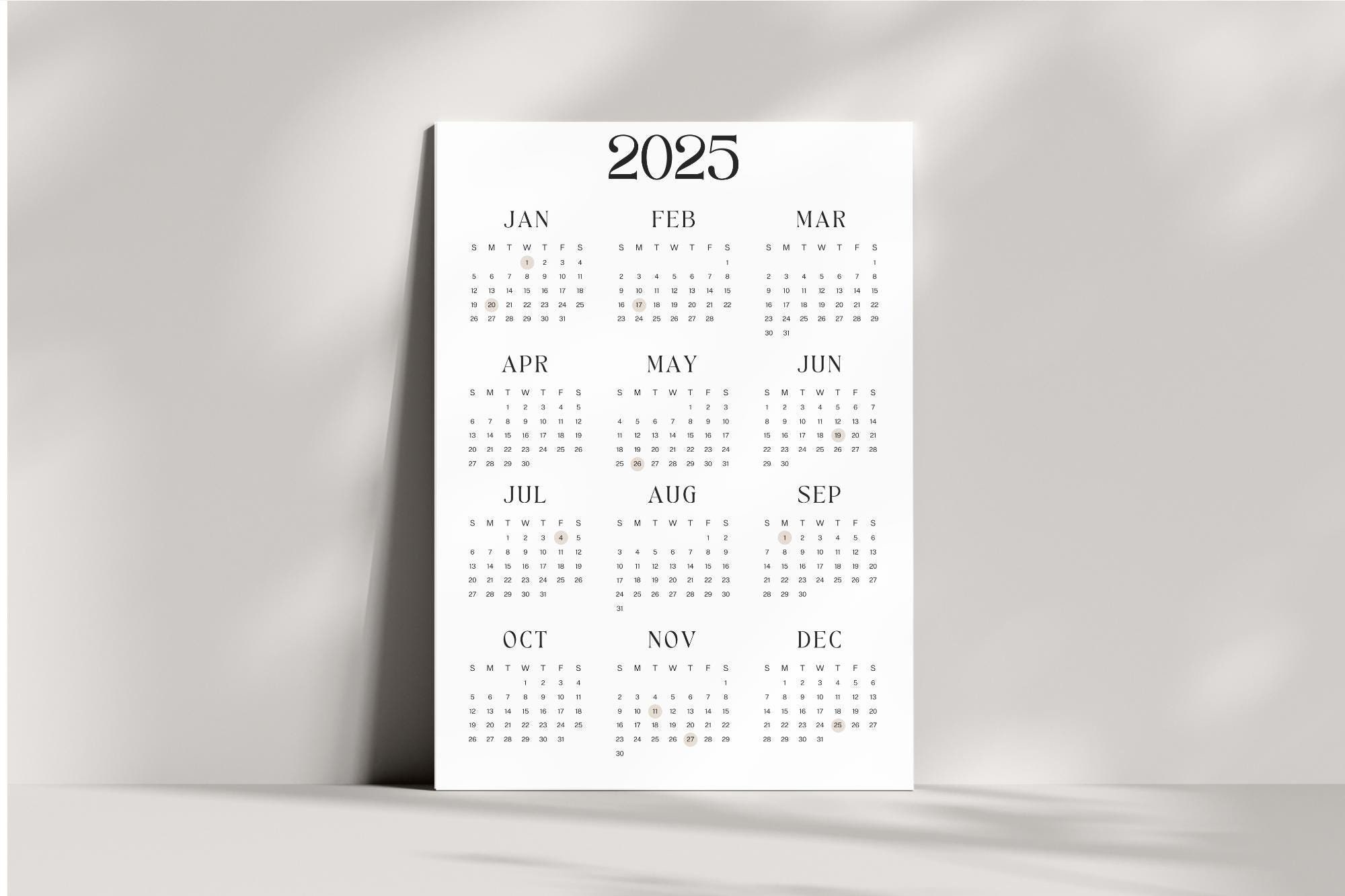 Calendar 2025 Single Page Printable, Minimalist Black & White Full Year ...
